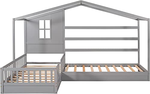 Harper & Bright Designs House Bed with Double Twin Beds, Wood L-Shaped 2 Platform Beds Roof ,Window,Fence and Slatted Design, Corner Playhouse Frame ,Montessori for Kids Girls Boys ,Grey