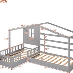 Harper & Bright Designs House Bed with Double Twin Beds, Wood L-Shaped 2 Platform Beds Roof ,Window,Fence and Slatted Design, Corner Playhouse Frame ,Montessori for Kids Girls Boys ,Grey