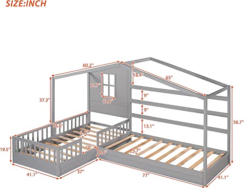 Harper & Bright Designs House Bed with Double Twin Beds, Wood L-Shaped 2 Platform Beds Roof ,Window,Fence and Slatted Design, Corner Playhouse Frame ,Montessori for Kids Girls Boys ,Grey