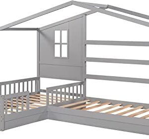 Harper & Bright Designs House Bed with Double Twin Beds, Wood L-Shaped 2 Platform Beds Roof ,Window,Fence and Slatted Design, Corner Playhouse Frame ,Montessori for Kids Girls Boys ,Grey