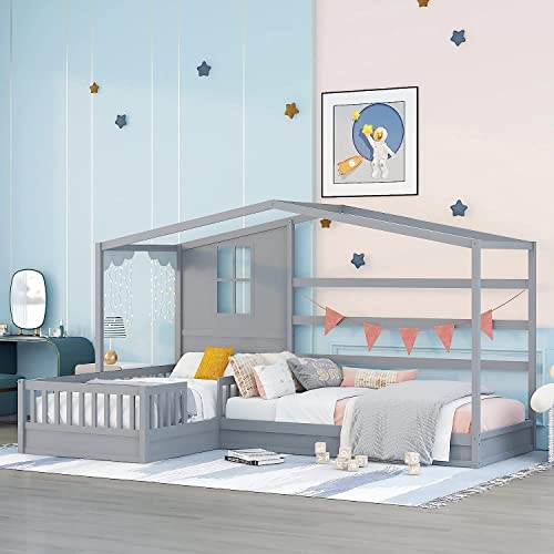 Harper & Bright Designs House Bed with Double Twin Beds, Wood L-Shaped 2 Platform Beds Roof ,Window,Fence and Slatted Design, Corner Playhouse Frame ,Montessori for Kids Girls Boys ,Grey