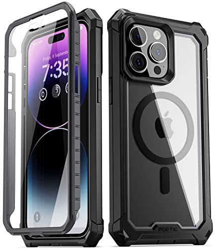 Poetic Guardian MagPro Case for iPhone 14 Pro Max 6.7 Inch,[Compatible with MagSafe][20 FT Mil-Grade Drop Tested] Full-Body Shockproof Rugged Clear Cover with Built-in Screen Protector, Black/Clear