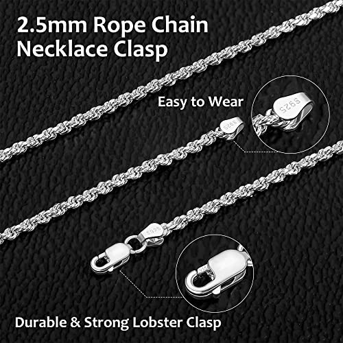 GLIJWELE Silver Chain for Men, Sterling Silver Chain for Men Necklace Chain 2.5mm Silver Chain Mens Chain Sterling Silver Necklace for Men Rope Chains for Men 24 inch