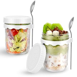 2pack overnight oats containers with lids and spoon,16 oz overnight oats jars glass oatmeal meal prep containers reusable for chia pudding yogurt fruit salad dessert snacks breakfast cereal cups on the go,suitable for home,companies,work and travel