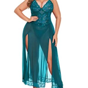 Avidlove Women's Plus Size Badydoll Lace Lingerie Long Dress Strap Chemise Nightgown Blue Green