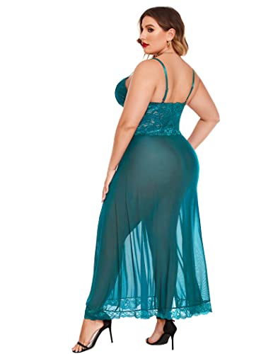 Avidlove Women's Plus Size Badydoll Lace Lingerie Long Dress Strap Chemise Nightgown Blue Green