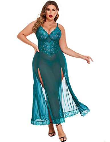 Avidlove Women's Plus Size Badydoll Lace Lingerie Long Dress Strap Chemise Nightgown Blue Green