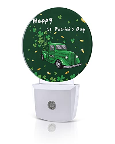 Happy St. Patrick's Day Night Lights Plug into Wall, Green Truck Clover Coins Auto Round LED Lights with Dusk to Dawn Sensor for Bedroom, Bathroom, Hallway, Kitchen, Kids, Home Decor