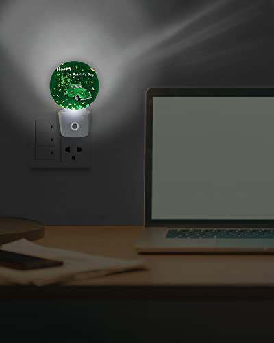 Happy St. Patrick's Day Night Lights Plug into Wall, Green Truck Clover Coins Auto Round LED Lights with Dusk to Dawn Sensor for Bedroom, Bathroom, Hallway, Kitchen, Kids, Home Decor