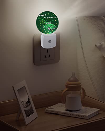 Happy St. Patrick's Day Night Lights Plug into Wall, Green Truck Clover Coins Auto Round LED Lights with Dusk to Dawn Sensor for Bedroom, Bathroom, Hallway, Kitchen, Kids, Home Decor