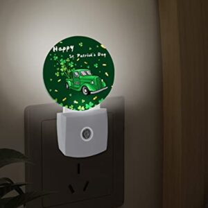 Happy St. Patrick's Day Night Lights Plug into Wall, Green Truck Clover Coins Auto Round LED Lights with Dusk to Dawn Sensor for Bedroom, Bathroom, Hallway, Kitchen, Kids, Home Decor