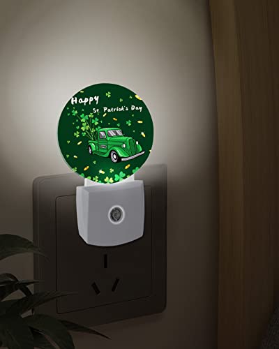 Happy St. Patrick's Day Night Lights Plug into Wall, Green Truck Clover Coins Auto Round LED Lights with Dusk to Dawn Sensor for Bedroom, Bathroom, Hallway, Kitchen, Kids, Home Decor