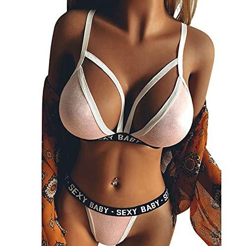 Lace Bodysuit for Women, Plus Size Lingerie Women Sexy Naughty Bodysuit Lengerie Stockings Ladies Letter Print Lingerie Underpants G-String Set Underwear Clothing Outfits Harness (XL, Pink)