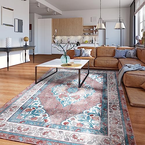 Living Room Rug 5x8 Area Rug for Bedroom Antique Red Floral Rug with Soft Memory Foam Layer Flower Rug No-Pile Carpets for Nursery Room Kids Room Dorm