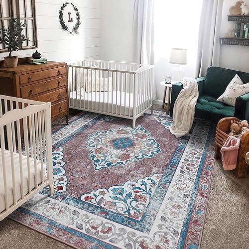 Living Room Rug 5x8 Area Rug for Bedroom Antique Red Floral Rug with Soft Memory Foam Layer Flower Rug No-Pile Carpets for Nursery Room Kids Room Dorm