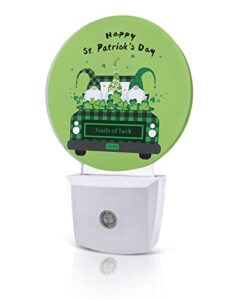 st.patrick day gnomes truck night lights plug into wall, buffalo plaid green shamrocks auto round led lights with dusk to dawn sensor for bedroom, bathroom, hallway, kitchen, kids, home decor