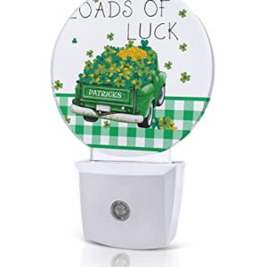 Lucky Truck St. Patrick's Day Night Lights Plug into Wall, Green Plaid Check Shamrock Auto Round LED Lights with Dusk to Dawn Sensor for Bedroom, Bathroom, Hallway, Kitchen, Kids, Home Decor