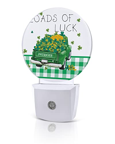 Lucky Truck St. Patrick's Day Night Lights Plug into Wall, Green Plaid Check Shamrock Auto Round LED Lights with Dusk to Dawn Sensor for Bedroom, Bathroom, Hallway, Kitchen, Kids, Home Decor