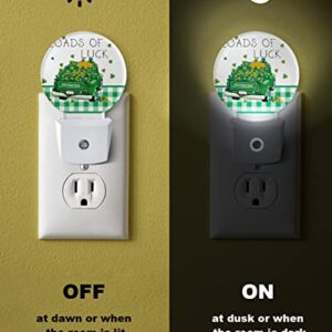 Lucky Truck St. Patrick's Day Night Lights Plug into Wall, Green Plaid Check Shamrock Auto Round LED Lights with Dusk to Dawn Sensor for Bedroom, Bathroom, Hallway, Kitchen, Kids, Home Decor