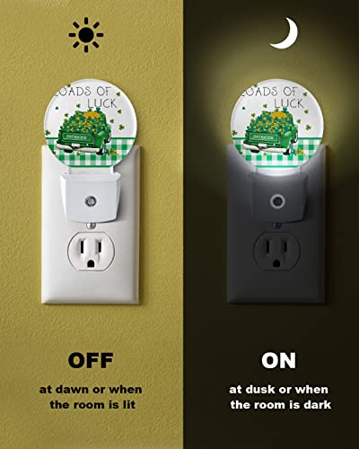 Lucky Truck St. Patrick's Day Night Lights Plug into Wall, Green Plaid Check Shamrock Auto Round LED Lights with Dusk to Dawn Sensor for Bedroom, Bathroom, Hallway, Kitchen, Kids, Home Decor