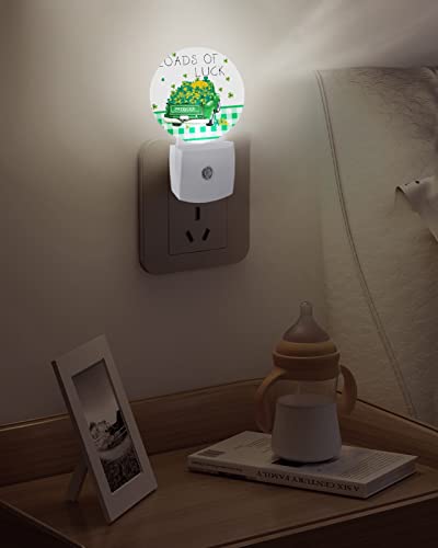 Lucky Truck St. Patrick's Day Night Lights Plug into Wall, Green Plaid Check Shamrock Auto Round LED Lights with Dusk to Dawn Sensor for Bedroom, Bathroom, Hallway, Kitchen, Kids, Home Decor