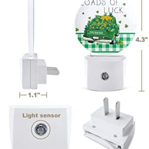 Lucky Truck St. Patrick's Day Night Lights Plug into Wall, Green Plaid Check Shamrock Auto Round LED Lights with Dusk to Dawn Sensor for Bedroom, Bathroom, Hallway, Kitchen, Kids, Home Decor