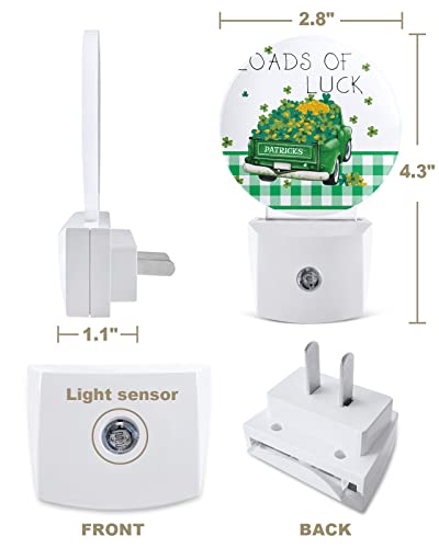 Lucky Truck St. Patrick's Day Night Lights Plug into Wall, Green Plaid Check Shamrock Auto Round LED Lights with Dusk to Dawn Sensor for Bedroom, Bathroom, Hallway, Kitchen, Kids, Home Decor