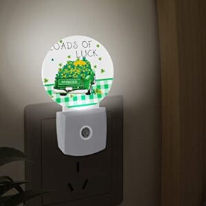 Lucky Truck St. Patrick's Day Night Lights Plug into Wall, Green Plaid Check Shamrock Auto Round LED Lights with Dusk to Dawn Sensor for Bedroom, Bathroom, Hallway, Kitchen, Kids, Home Decor