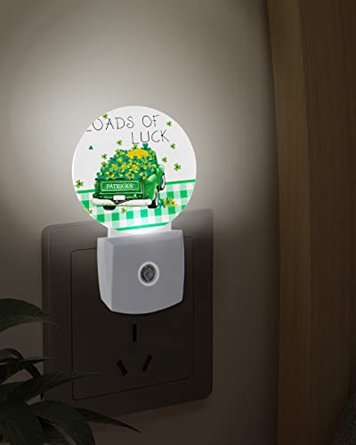 Lucky Truck St. Patrick's Day Night Lights Plug into Wall, Green Plaid Check Shamrock Auto Round LED Lights with Dusk to Dawn Sensor for Bedroom, Bathroom, Hallway, Kitchen, Kids, Home Decor