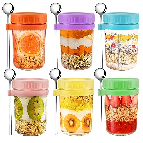 Seffora Overnight Oats Containers with Lids and Spoons,6 Pack 16oz Mason Oatmeal Container Jar with Airtight Lids, Large Capacity for Yogurt Chid Pudding Meal Prep Containers