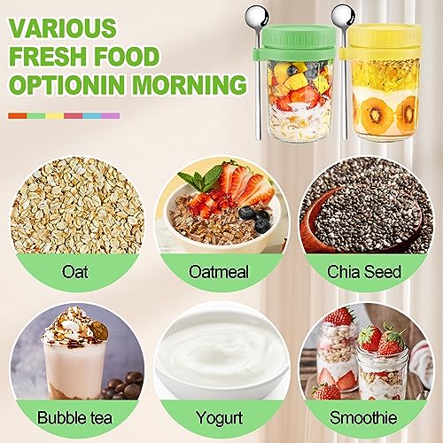 Seffora Overnight Oats Containers with Lids and Spoons,6 Pack 16oz Mason Oatmeal Container Jar with Airtight Lids, Large Capacity for Yogurt Chid Pudding Meal Prep Containers