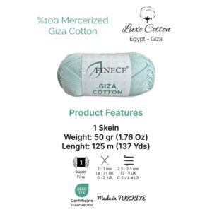 FINECE Giza Cotton, 100% Mercerized Giza Cotton Yarn, Super Fino 1 Yarn for Crocheting and Knitting 2x1.76 Oz (2x50g) / 2x137 Yrds (2x125m) (2 Skeins, 1042 - Mint)