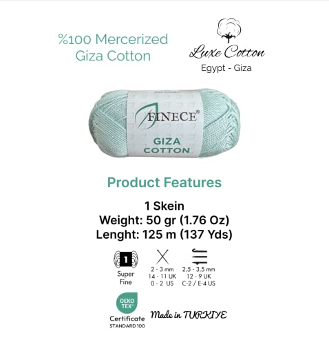 FINECE Giza Cotton, 100% Mercerized Giza Cotton Yarn, Super Fino 1 Yarn for Crocheting and Knitting 2x1.76 Oz (2x50g) / 2x137 Yrds (2x125m) (2 Skeins, 1042 - Mint)