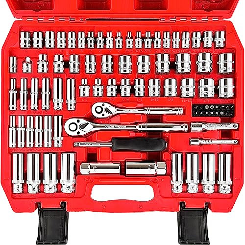 WETT 1/4" and 3/8" Drive Socket Set, 86-Piece Socket Wrench Set with Quick-Release Ratchet, Extention Bar, Adapter, 1/4" Bits, CR-V Steel, Metric/SAE, Deep/Shallow, Mirror Chrome Finish