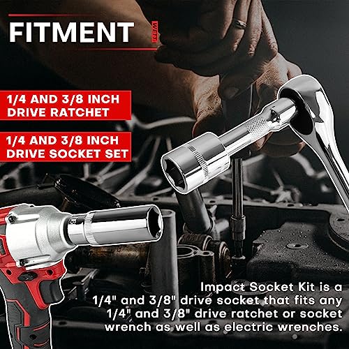 WETT 1/4" and 3/8" Drive Socket Set, 86-Piece Socket Wrench Set with Quick-Release Ratchet, Extention Bar, Adapter, 1/4" Bits, CR-V Steel, Metric/SAE, Deep/Shallow, Mirror Chrome Finish