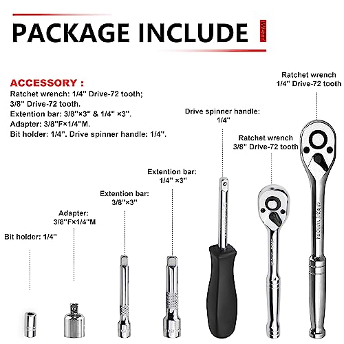 WETT 1/4" and 3/8" Drive Socket Set, 86-Piece Socket Wrench Set with Quick-Release Ratchet, Extention Bar, Adapter, 1/4" Bits, CR-V Steel, Metric/SAE, Deep/Shallow, Mirror Chrome Finish