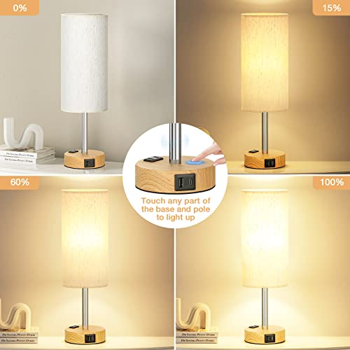 Beside Table Lamp for Bedroom Nightstand - 3 Way Dimmable Touch Lamp USB C Charging Ports and AC Outlet, Small, Wood Base Round Flaxen Fabric Shade for Living Room, Office Desk, LED Bulb Included