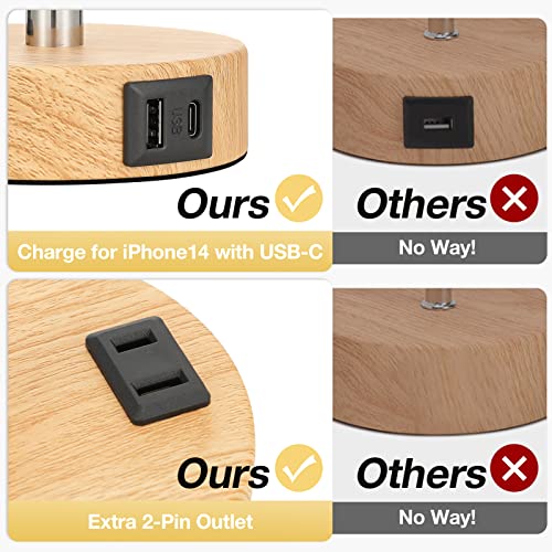 Beside Table Lamp for Bedroom Nightstand - 3 Way Dimmable Touch Lamp USB C Charging Ports and AC Outlet, Small, Wood Base Round Flaxen Fabric Shade for Living Room, Office Desk, LED Bulb Included