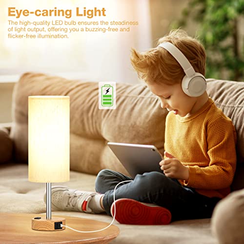 Beside Table Lamp for Bedroom Nightstand - 3 Way Dimmable Touch Lamp USB C Charging Ports and AC Outlet, Small, Wood Base Round Flaxen Fabric Shade for Living Room, Office Desk, LED Bulb Included