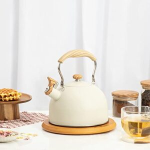 Tea Kettle,2.6 Quart Whistling Tea Kettle,Tea Kettle Stovetop,Food Grade Stainless Steel Teapot with Wood Pattern Handle, Loud Whistle Kettle for Tea, Coffee, Milk(Beige-2.6 Quart)