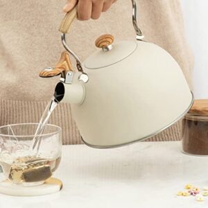 Tea Kettle,2.6 Quart Whistling Tea Kettle,Tea Kettle Stovetop,Food Grade Stainless Steel Teapot with Wood Pattern Handle, Loud Whistle Kettle for Tea, Coffee, Milk(Beige-2.6 Quart)