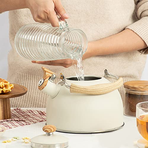 Tea Kettle,2.6 Quart Whistling Tea Kettle,Tea Kettle Stovetop,Food Grade Stainless Steel Teapot with Wood Pattern Handle, Loud Whistle Kettle for Tea, Coffee, Milk(Beige-2.6 Quart)