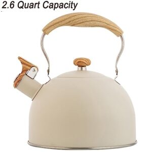 Tea Kettle,2.6 Quart Whistling Tea Kettle,Tea Kettle Stovetop,Food Grade Stainless Steel Teapot with Wood Pattern Handle, Loud Whistle Kettle for Tea, Coffee, Milk(Beige-2.6 Quart)