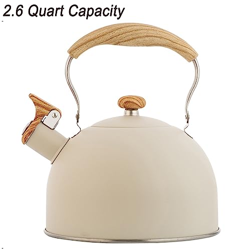 Tea Kettle,2.6 Quart Whistling Tea Kettle,Tea Kettle Stovetop,Food Grade Stainless Steel Teapot with Wood Pattern Handle, Loud Whistle Kettle for Tea, Coffee, Milk(Beige-2.6 Quart)