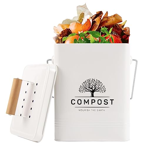 Perfnique Kitchen Compost Bin, 1.7 Gallon Countertop Compost Bin with Lid, Indoor Compost Bin Includes 2 Carbon Filters, Small Compost Bucket, Food Waste Bin for Kitchen with Trash Bags (Cream White)