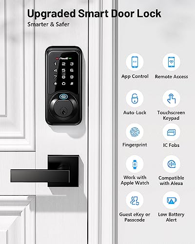 Smart Door Lock Set for Front Door, Zowill 7-in-1 Fingerprint Deadbolt with App Control, Keyless Entry Door Lock with 2 Lever Handles, Biometric,Touchscreen Keypad, Auto Lock, Matte Black