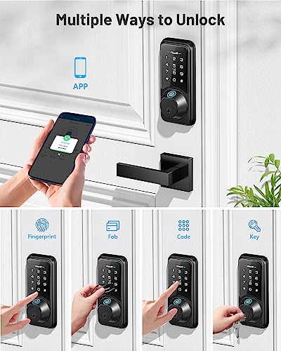 Smart Door Lock Set for Front Door, Zowill 7-in-1 Fingerprint Deadbolt with App Control, Keyless Entry Door Lock with 2 Lever Handles, Biometric,Touchscreen Keypad, Auto Lock, Matte Black