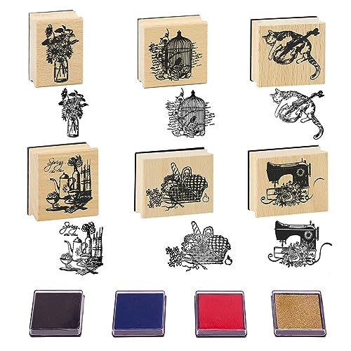 Toptime Wooden Rubber Stamps, 6 Pieces Stamps with 4 Ink Pad, Vintage Wood Stamps with Cat and Bird Pattern, Flower Stamps and Animal Stamps Set for Journaling, Scrapbooking, Card Making