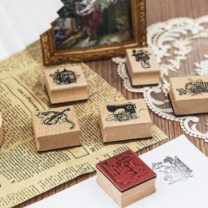 Toptime Wooden Rubber Stamps, 6 Pieces Stamps with 4 Ink Pad, Vintage Wood Stamps with Cat and Bird Pattern, Flower Stamps and Animal Stamps Set for Journaling, Scrapbooking, Card Making