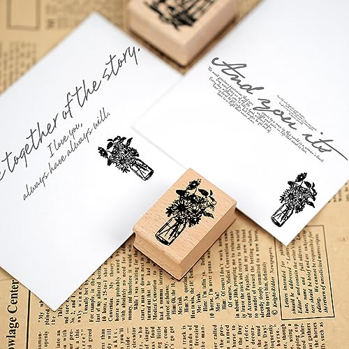 Toptime Wooden Rubber Stamps, 6 Pieces Stamps with 4 Ink Pad, Vintage Wood Stamps with Cat and Bird Pattern, Flower Stamps and Animal Stamps Set for Journaling, Scrapbooking, Card Making